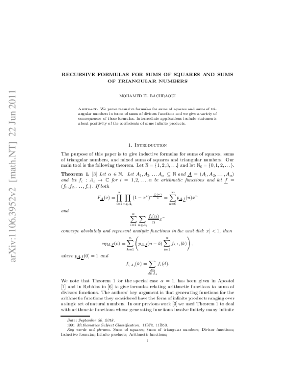 (PDF) Recursive formulas for sums of squares and sums of triangular numbers