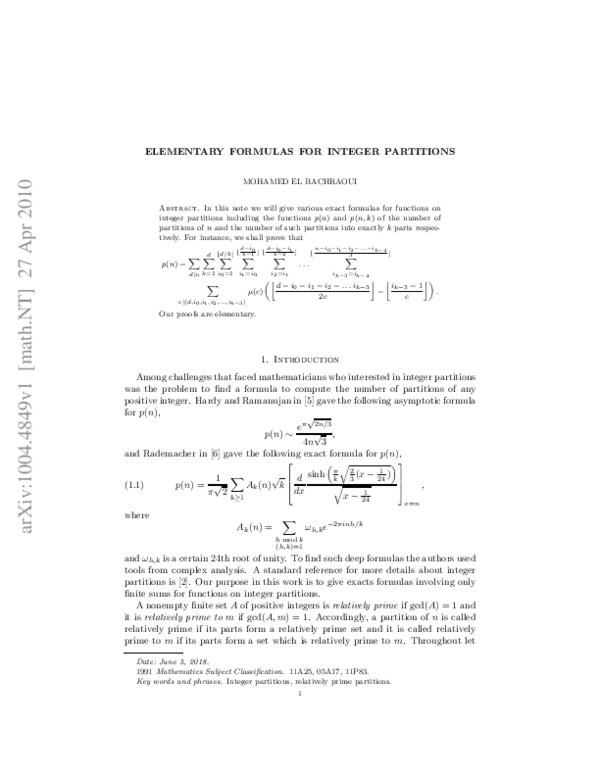 (PDF) Elementary formulas for integer partitions