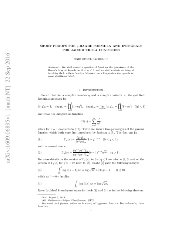(PDF) Short proofs for q-Raabe formula and integrals for Jacobi theta ...