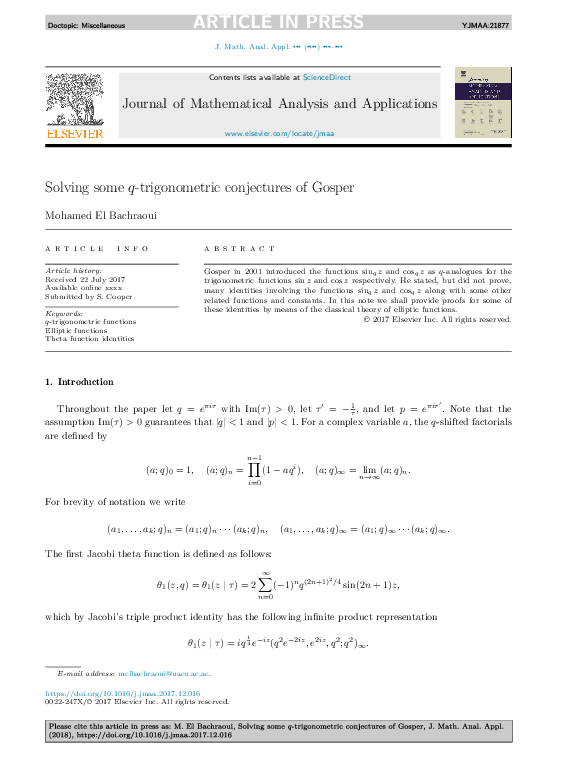 (PDF) Solving some q-trigonometric conjectures of Gosper