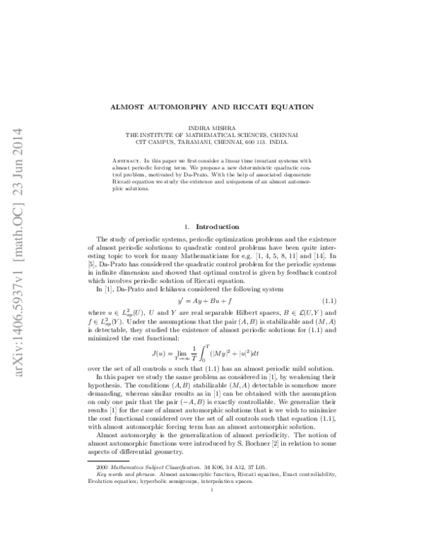 (PDF) Almost Automorphy and Riccati Equation | Indira Mishra - Academia.edu