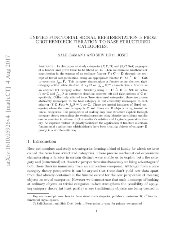 (PDF) Unified Functorial Signal Representation I: From Grothendieck fibration to Base structured ...