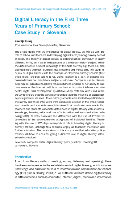 (PDF) Digital Literacy in the First Three Years of Primary School: Case Study in Slovenia