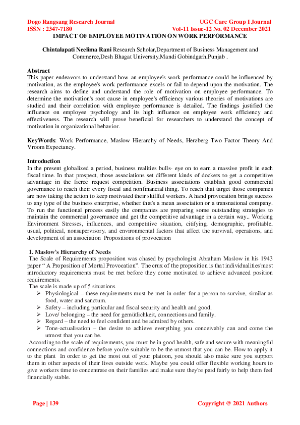 (PDF) IMPACT OF EMPLOYEE MOTIVATION ON WORK PERFORMANCE