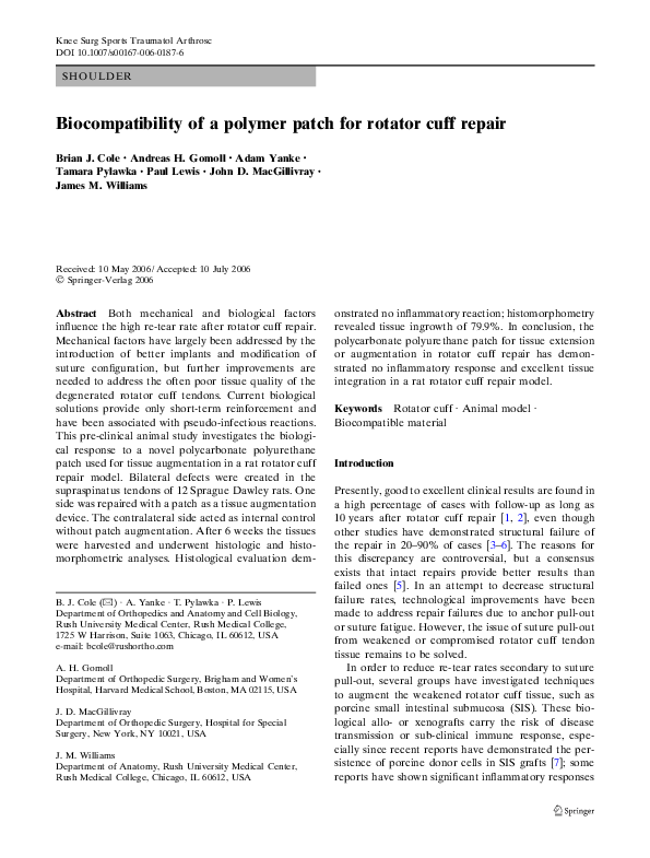 (PDF) Biocompatibility of a polymer patch for rotator cuff repair