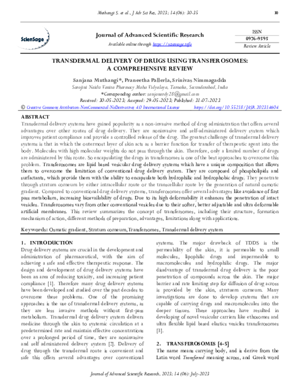 (PDF) Transdermal Delivery of Drugs Using Transferosomes: A Comprehensive Review