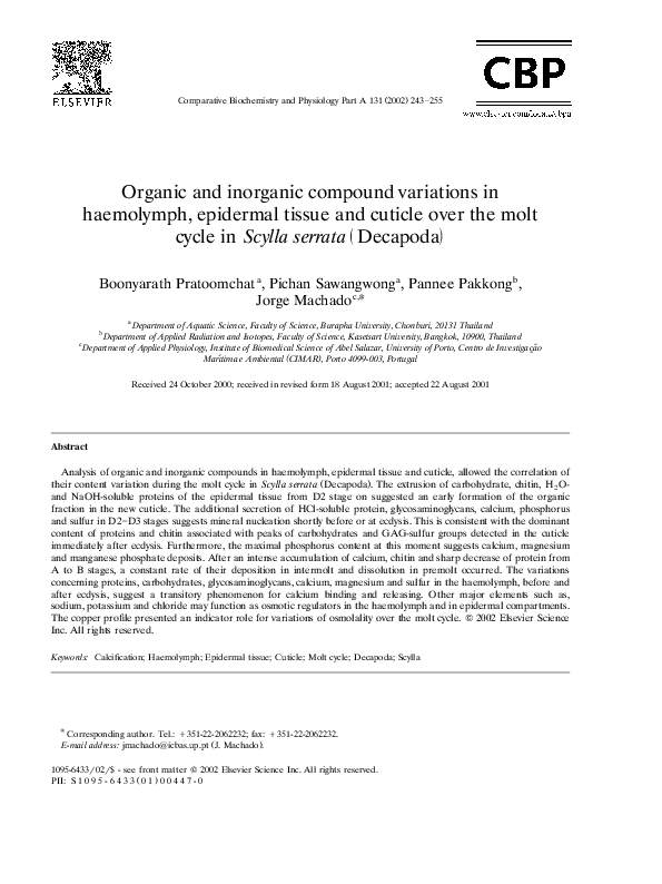 (PDF) Organic and inorganic compound variations in haemolymph, epidermal tissue and cuticle over ...