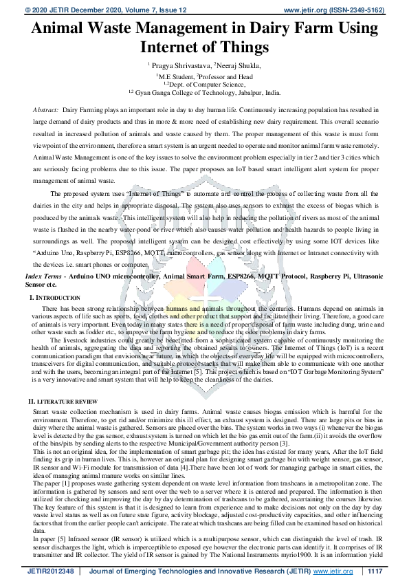 (PDF) Animal Waste Management in Dairy Farm Using Internet of Things