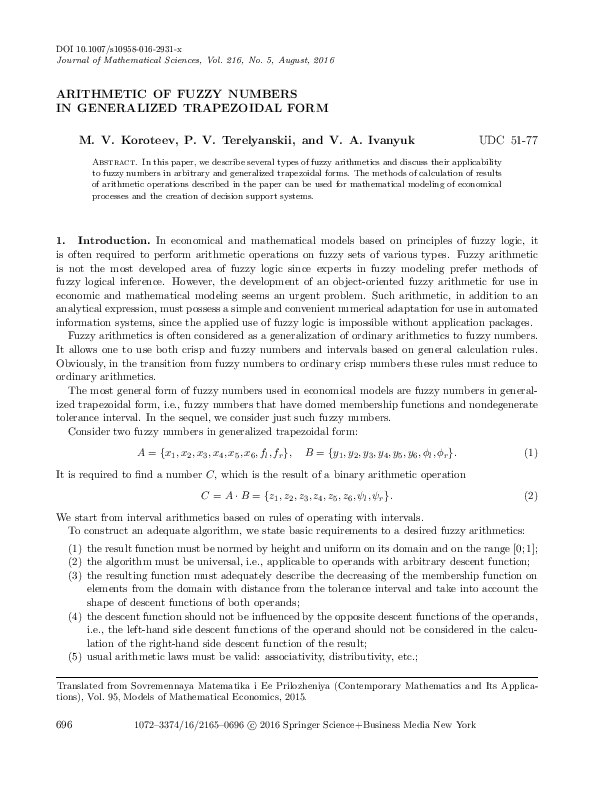(PDF) Arithmetic of Fuzzy Numbers in Generalized Trapezoidal Form