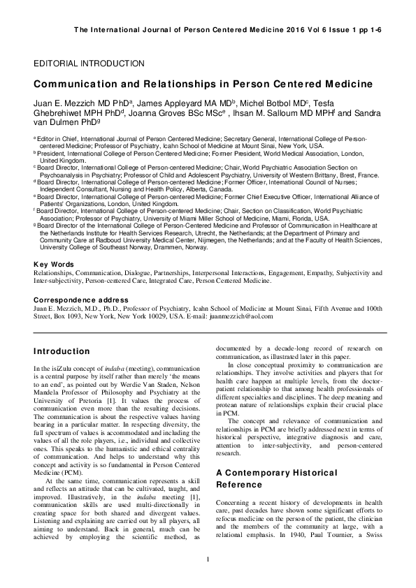 (PDF) Communication and Relationships in Person Centered Medicine