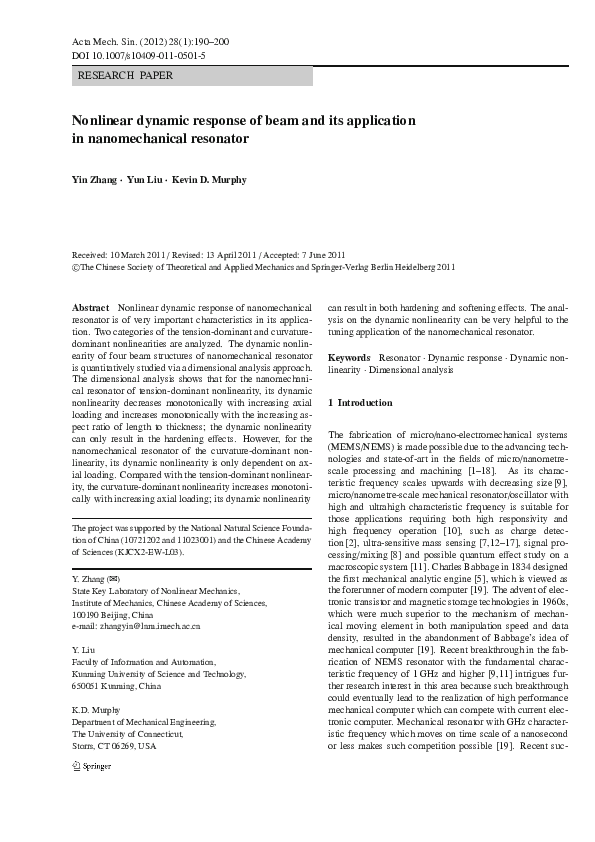 (PDF) Nonlinear dynamic response of beam and its application in nanomechanical resonator