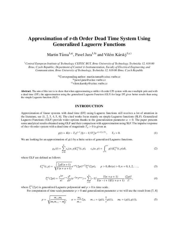 (PDF) Approximation of r-th order dead time system using generalized Laguerre functions