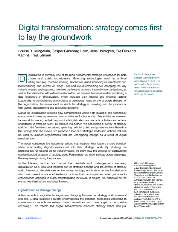 (PDF) Digital transformation: strategy comes first to lay the groundwork