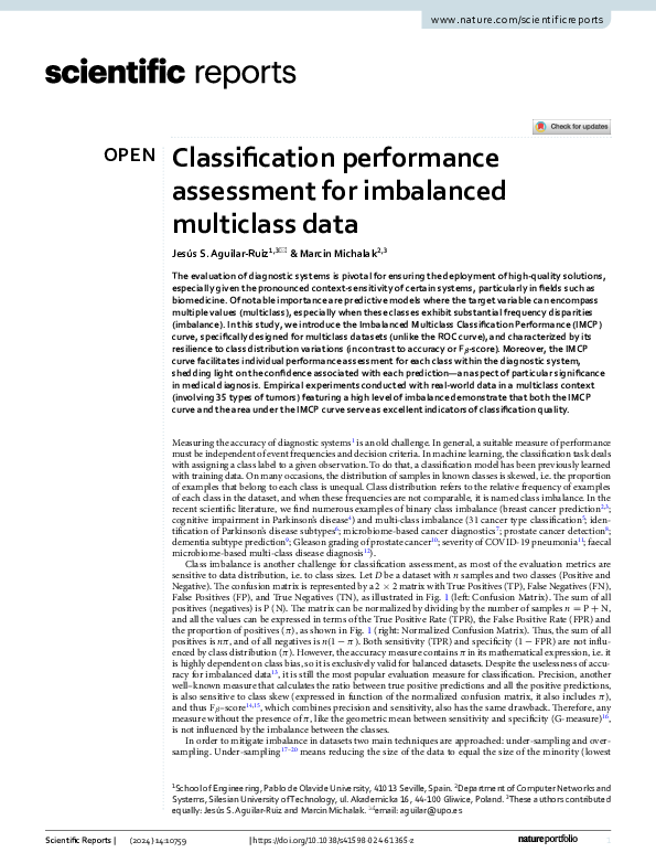(PDF) Classification performance assessment for imbalanced multiclass data