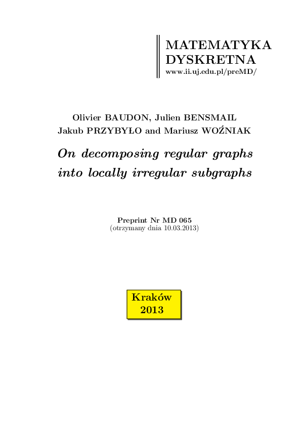Pdf On Decomposing Regular Graphs Into Locally Irregular Subgraphs