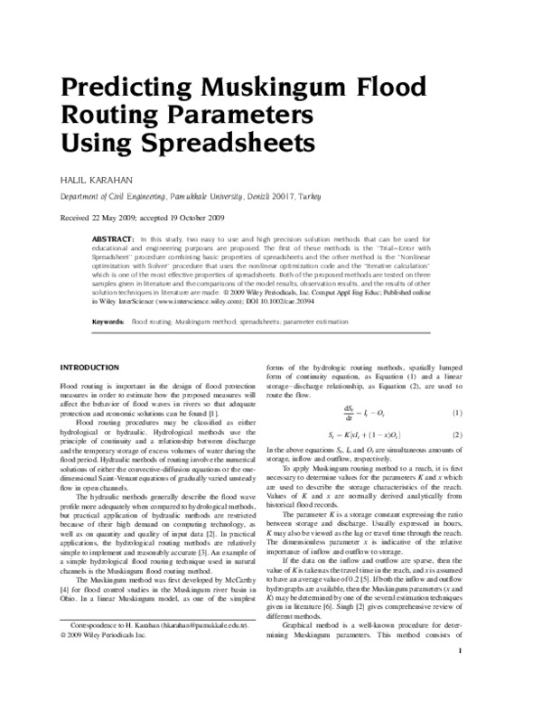 (PDF) Predicting Muskingum flood routing parameters using spreadsheets