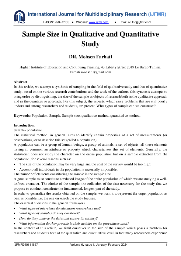 (PDF) Sample Size in Qualitative and Quantitative Study