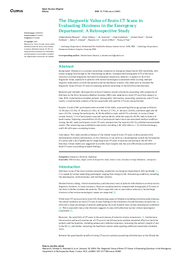 (PDF) The Diagnostic Value of Brain CT Scans in Evaluating Dizziness in ...