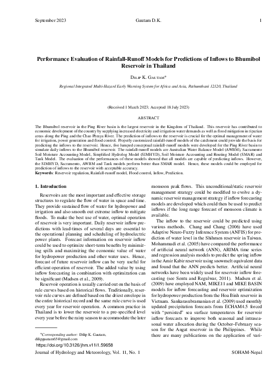 (PDF) Performance Evaluation of Rainfall-Runoff Models for Predictions of Inflows to Bhumibol ...