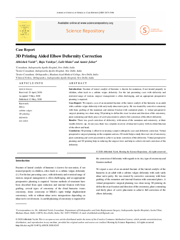 (PDF) 3D Printing Aided Elbow Deformity Correction