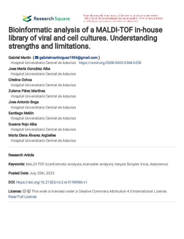 (PDF) Bioinformatic analysis of a MALDI-TOF in-house library of viral and cell cultures ...