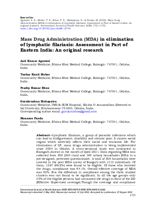 (PDF) Mass Drug Administration (MDA) in elimination of lymphatic ...