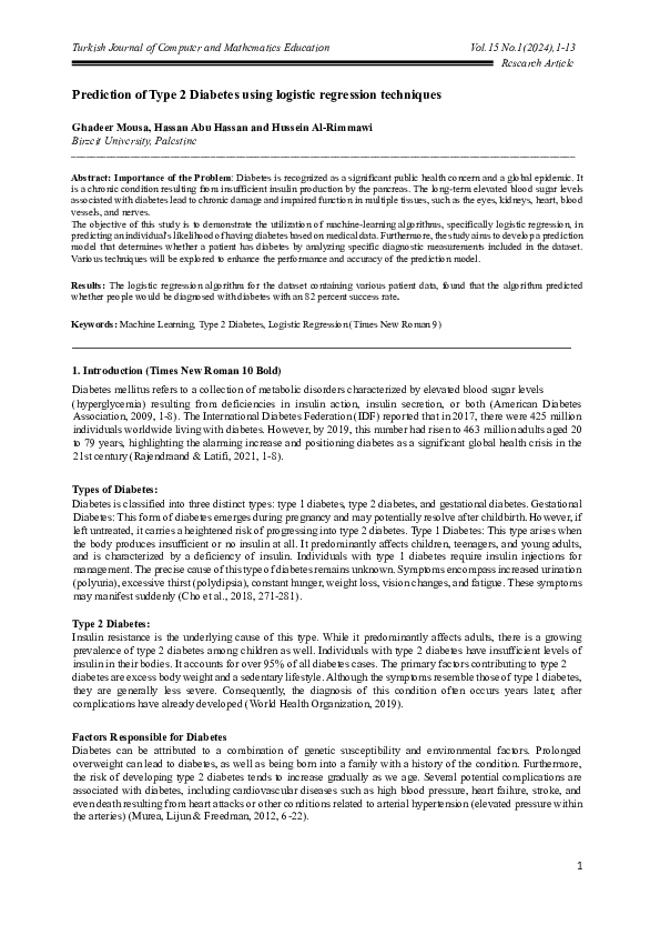 (PDF) Prediction of Type 2 Diabetes using logistic regression techniques