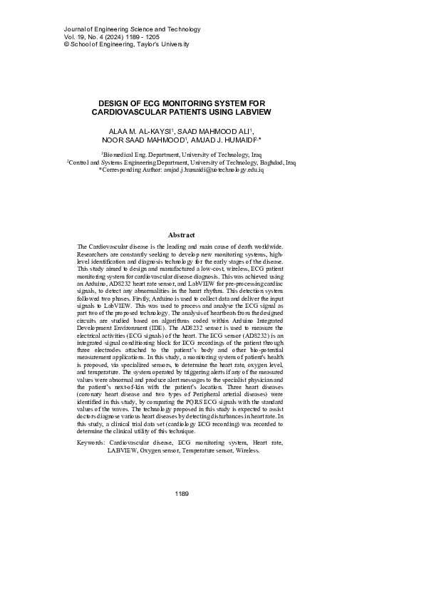 (PDF) DESIGN OF ECG MONITORING SYSTEM FOR CARDIOVASCULAR PATIENTS USING LABVIEW