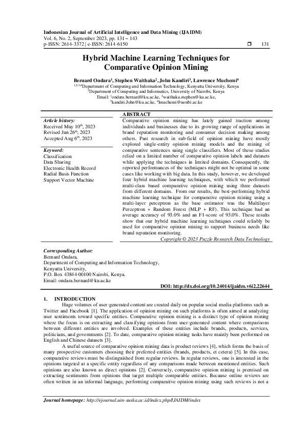 (PDF) Hybrid Machine Learning Techniques for Comparative Opinion Mining