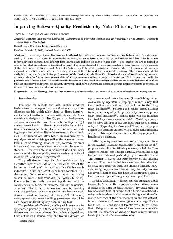 (PDF) Improving Software Quality Prediction by Noise Filtering Techniques