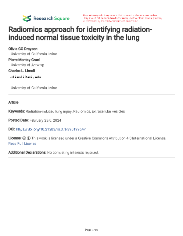 (PDF) Radiomics approach for identifying radiation-induced normal ...