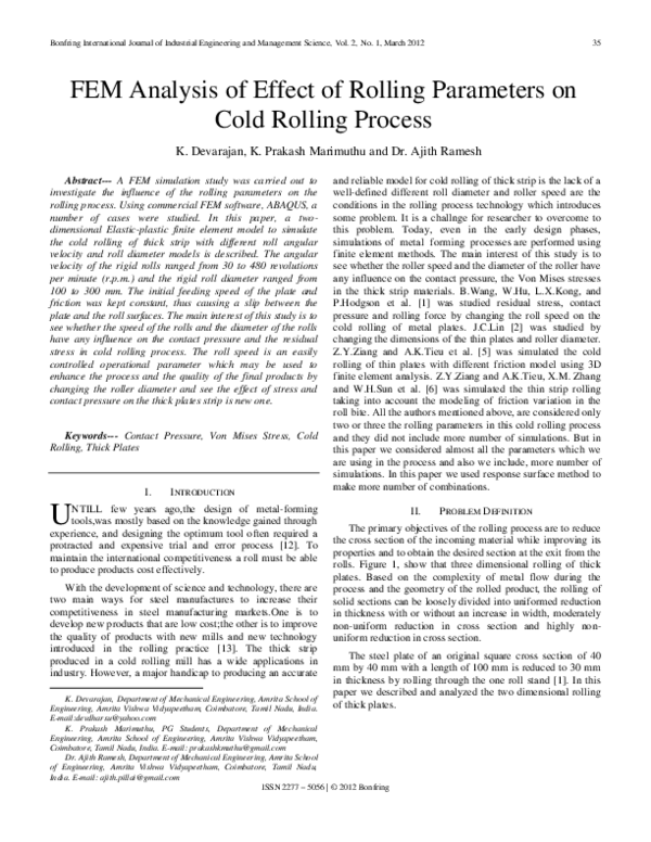 (PDF) FEM Analysis of Effect of Rolling Parameters on Cold Rolling Process (PDF) FEM Analysis of Effect of Rolling Parameters on Cold Rolling Process