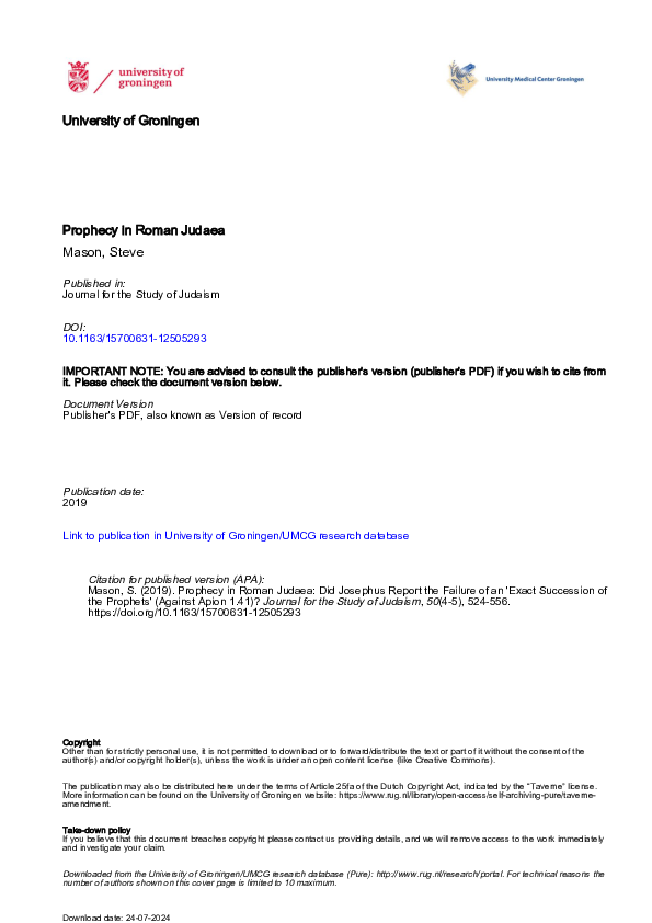 (PDF) Prophecy in Roman Judaea: Did Josephus Report the Failure of an ...