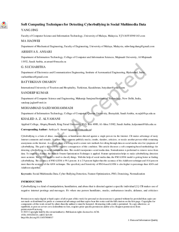 (PDF) Soft Computing Techniques for Detecting Cyberbullying in Social Multimedia Data