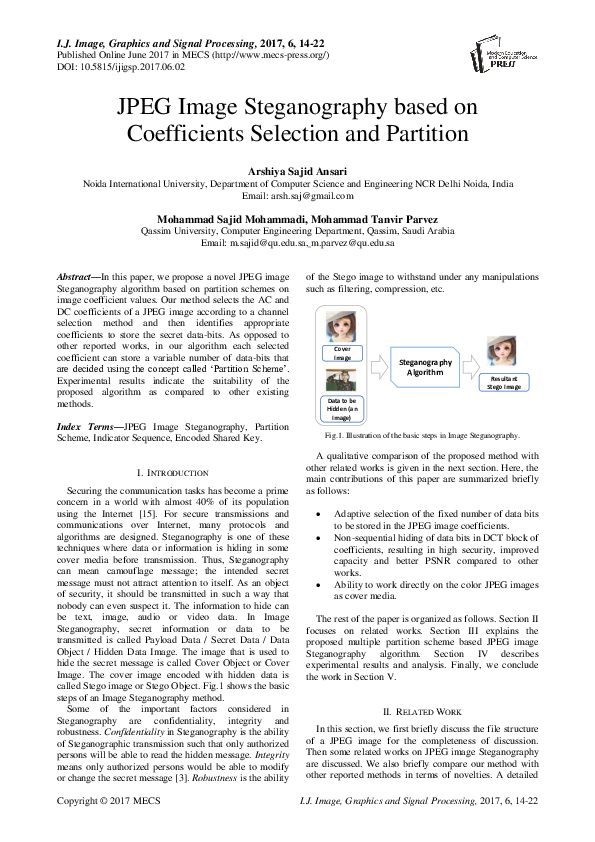 (PDF) JPEG Image Steganography based on Coefficients Selection and Partition | Mohammad Sharif ...