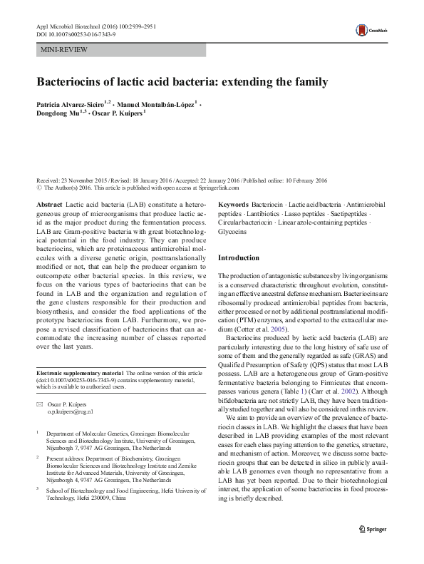 (PDF) Bacteriocins of lactic acid bacteria: extending the family