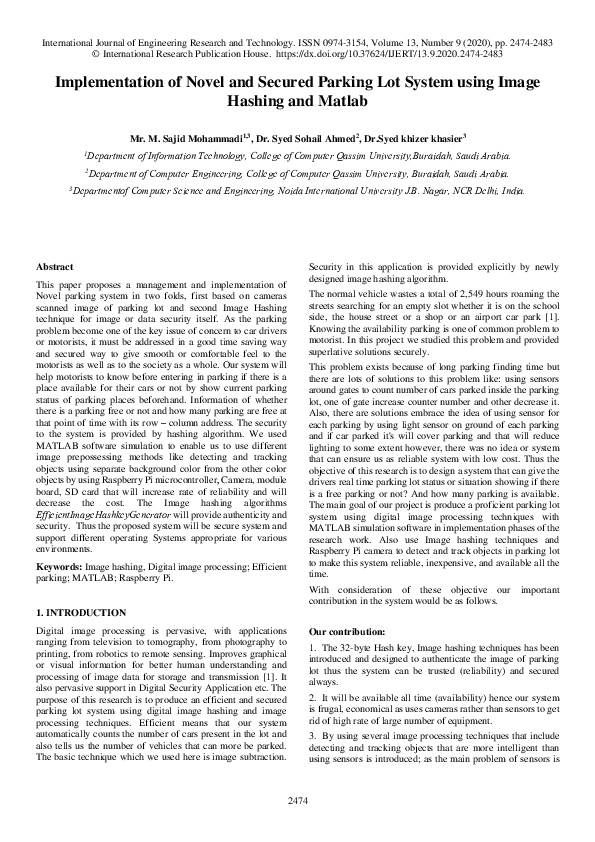 (PDF) Implementation of Novel and Secured Parking Lot System Using Image Hashing and Matlab