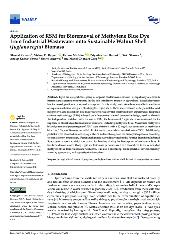 (PDF) Application of RSM for Bioremoval of Methylene Blue Dye from Industrial Wastewater onto ...