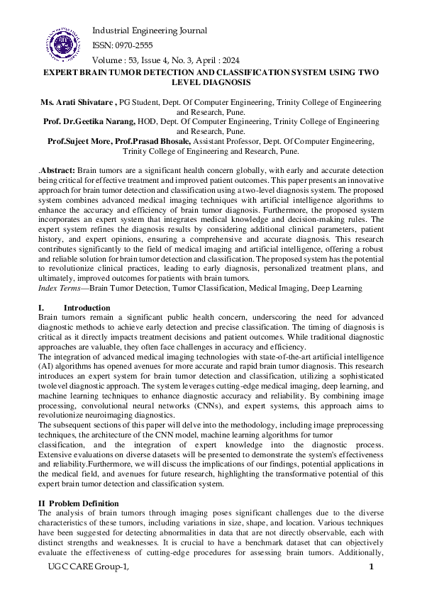 (PDF) EXPERT BRAIN TUMOR DETECTION AND CLASSIFICATION SYSTEM USING TWO LEVEL DIAGNOSIS