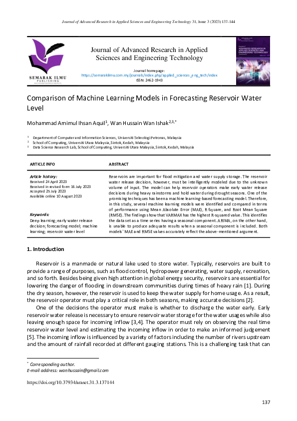 Pdf Comparison Of Machine Learning Models In Forecasting Reservoir Water Level