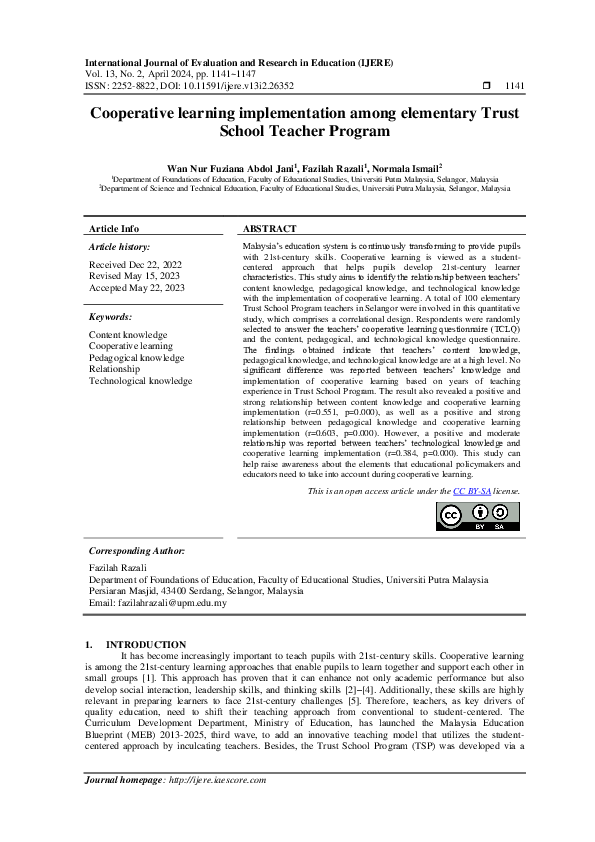 (PDF) Cooperative learning implementation among elementary Trust School Teacher Program