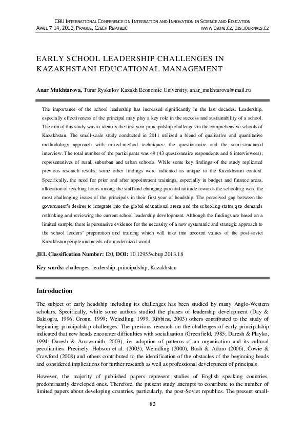 (PDF) Early School Leadership Challenges in Kazakhstani Educational ...