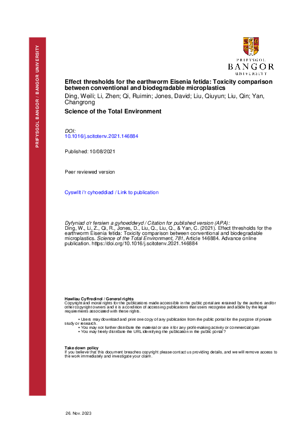 (PDF) Effect thresholds for the earthworm Eisenia fetida: Toxicity ...