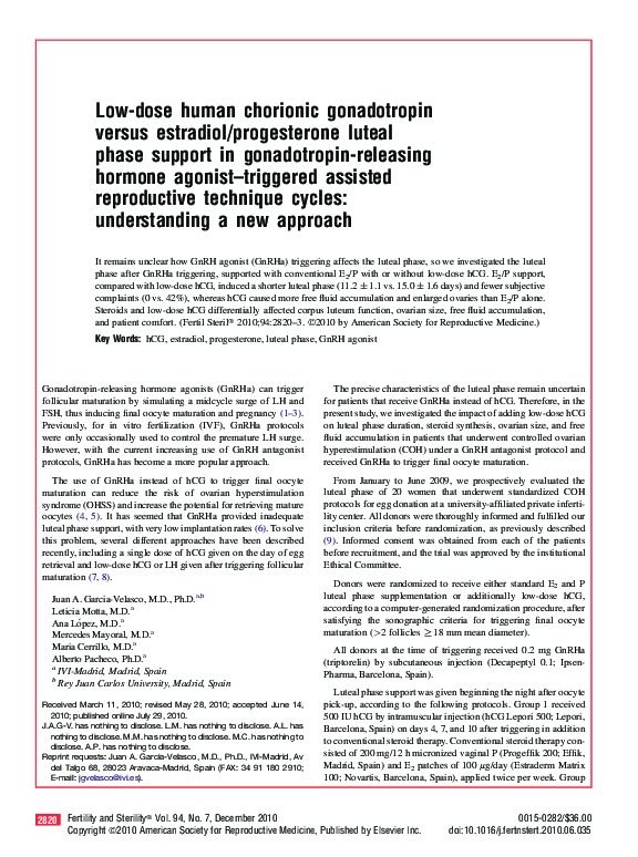 (PDF) Low-dose human chorionic gonadotropin versus estradiol/progesterone luteal phase support ...