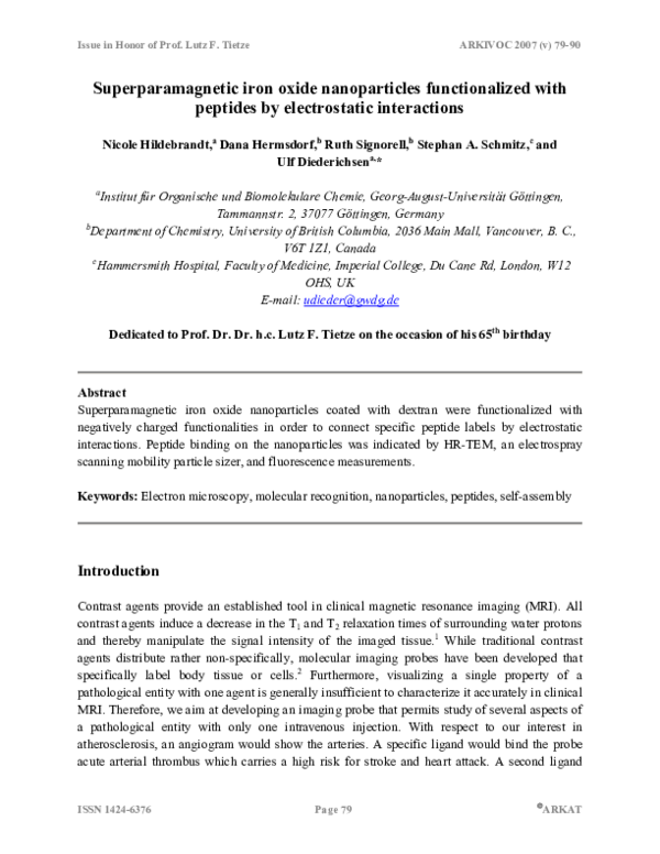 (PDF) Superparamagnetic iron oxide nanoparticles functionalized with peptides by electrostatic ...