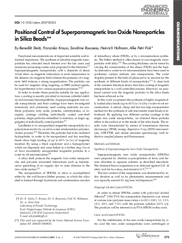 (PDF) Positional Control of Superparamagnetic Iron Oxide Nanoparticles ...