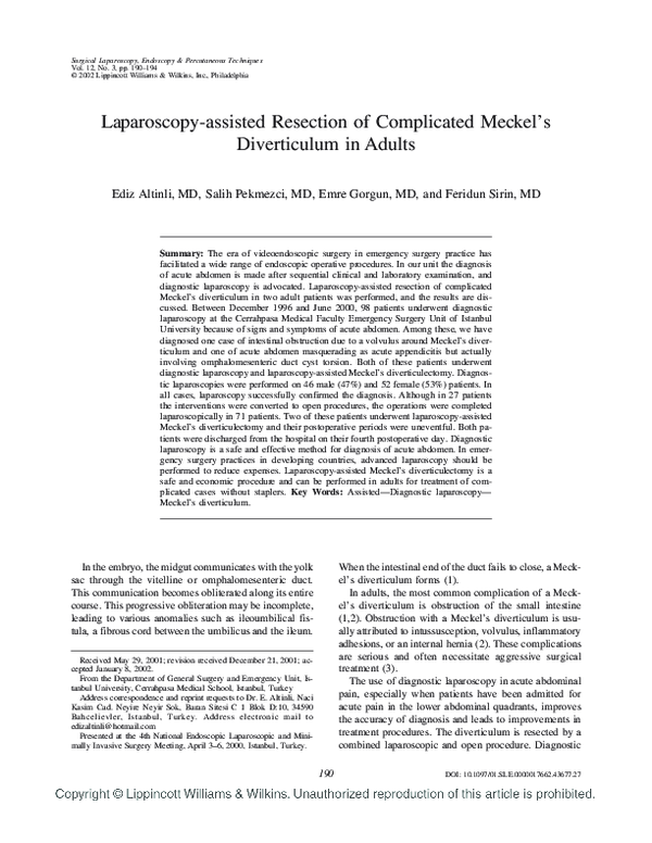 (PDF) Laparoscopy-assisted Resection of Complicated Meckel's Diverticulum