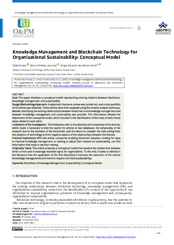 (PDF) Knowledge Management and Blockchain Technology for Organizational Sustainability