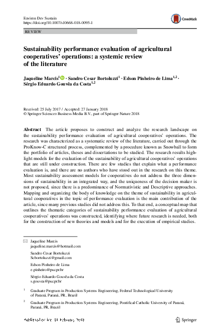 (PDF) Sustainability performance evaluation of agricultural cooperatives’ operations: a systemic ...