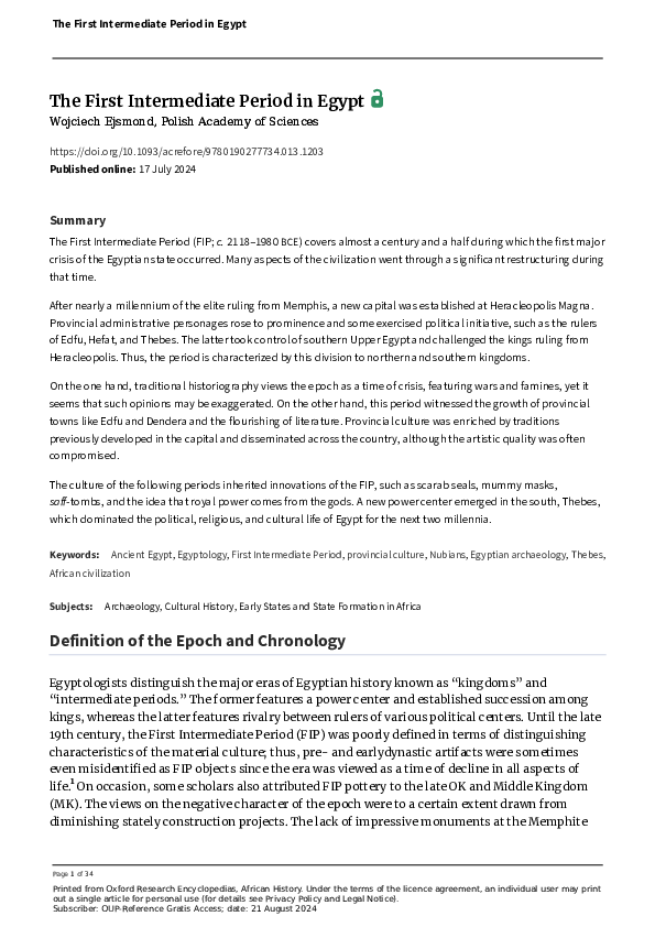 (PDF) The First Intermediate Period in Egypt